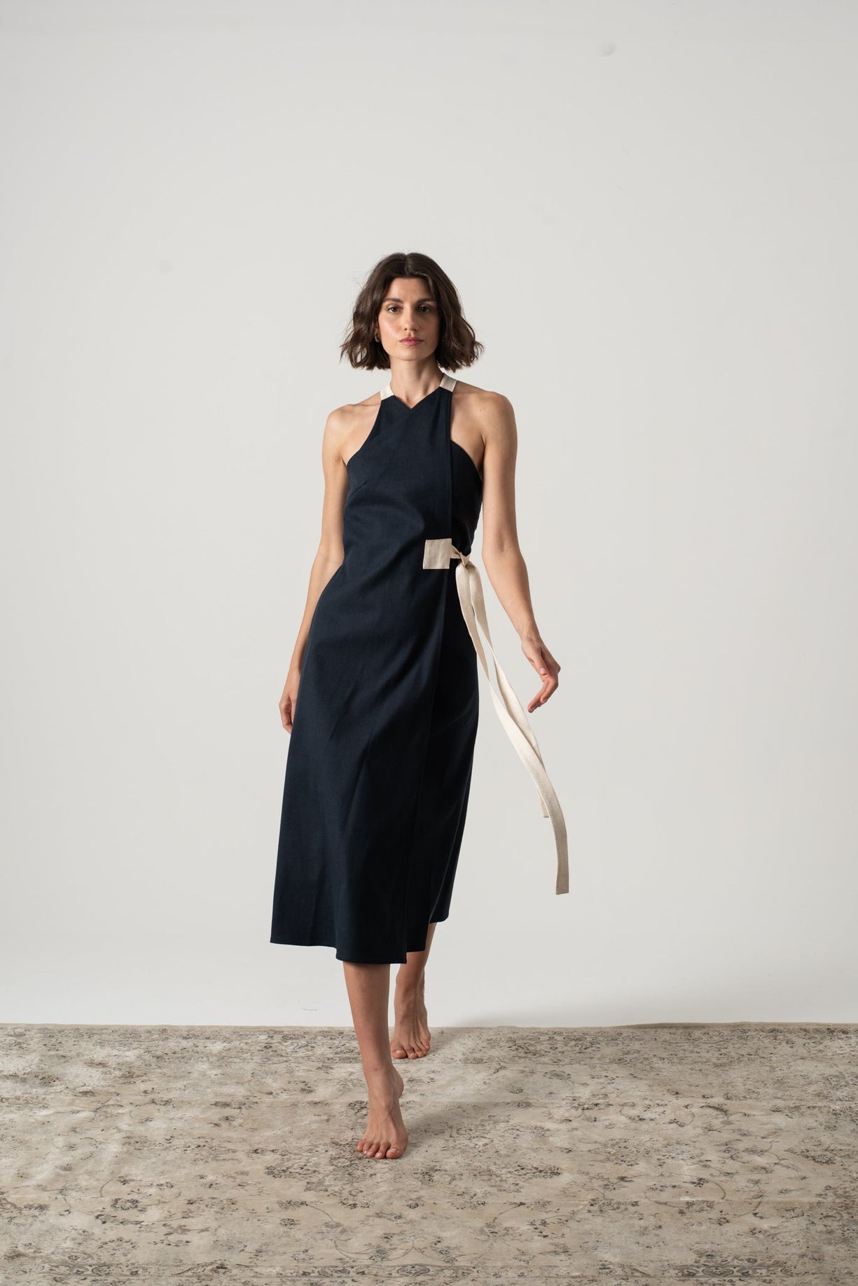 Eda Linen Midi Wrap Dress Navy - LUXMII